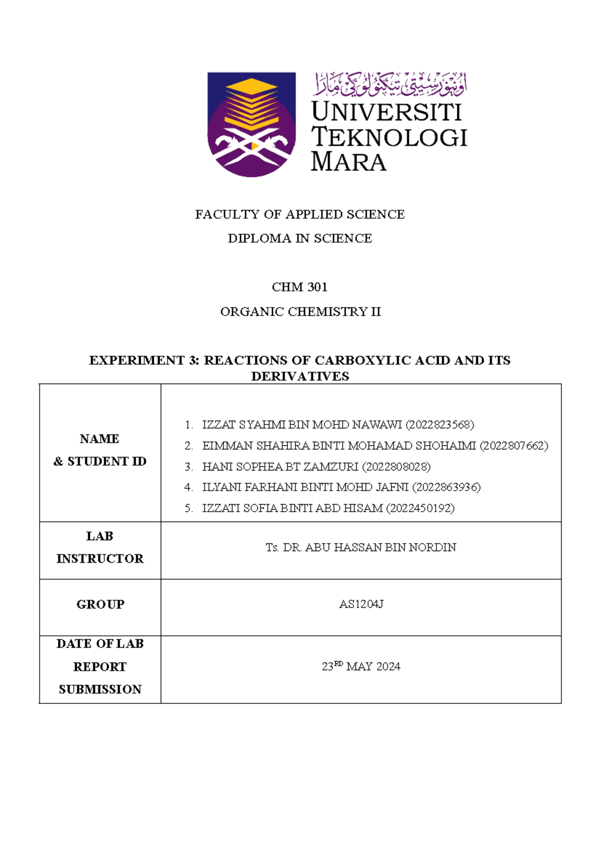 LAB Datasheet CHM301 EXP 3 - FACULTY OF APPLIED SCIENCE DIPLOMA IN SCIENCE CHM 301 ORGANIC ...