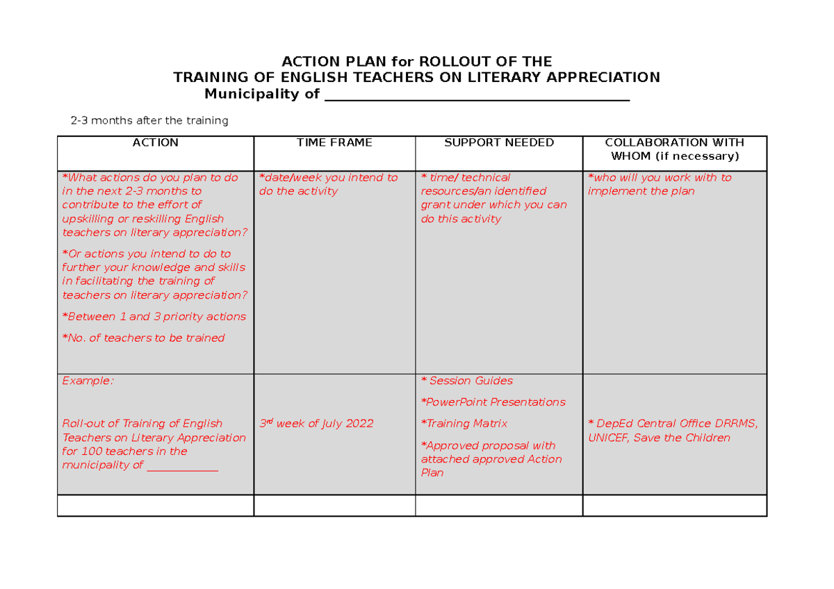 Action PLAN for the Rollout OF THE Training OF Teachers ON Literary ...