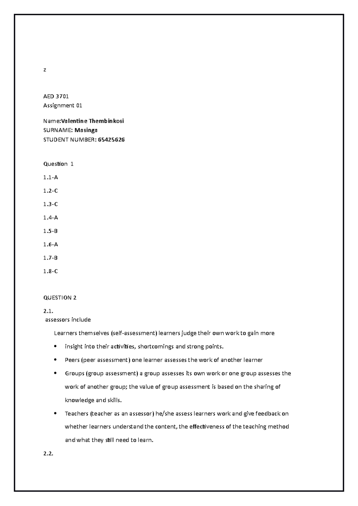 Aed - Helpful - z AED 3701 Assignment 01 Name:Valentine Thembinkosi ...