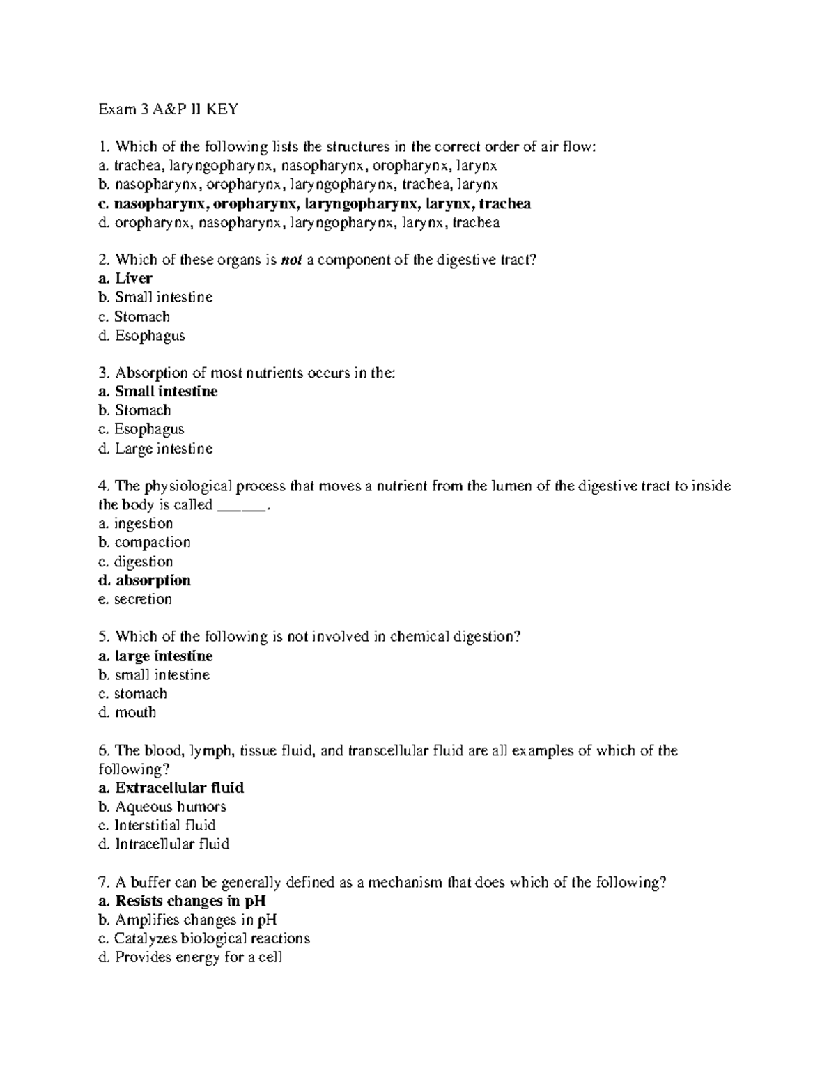 AP EXAM 3 - Practice questions for exam 3 - Exam 3 A&P II KEY Which of ...