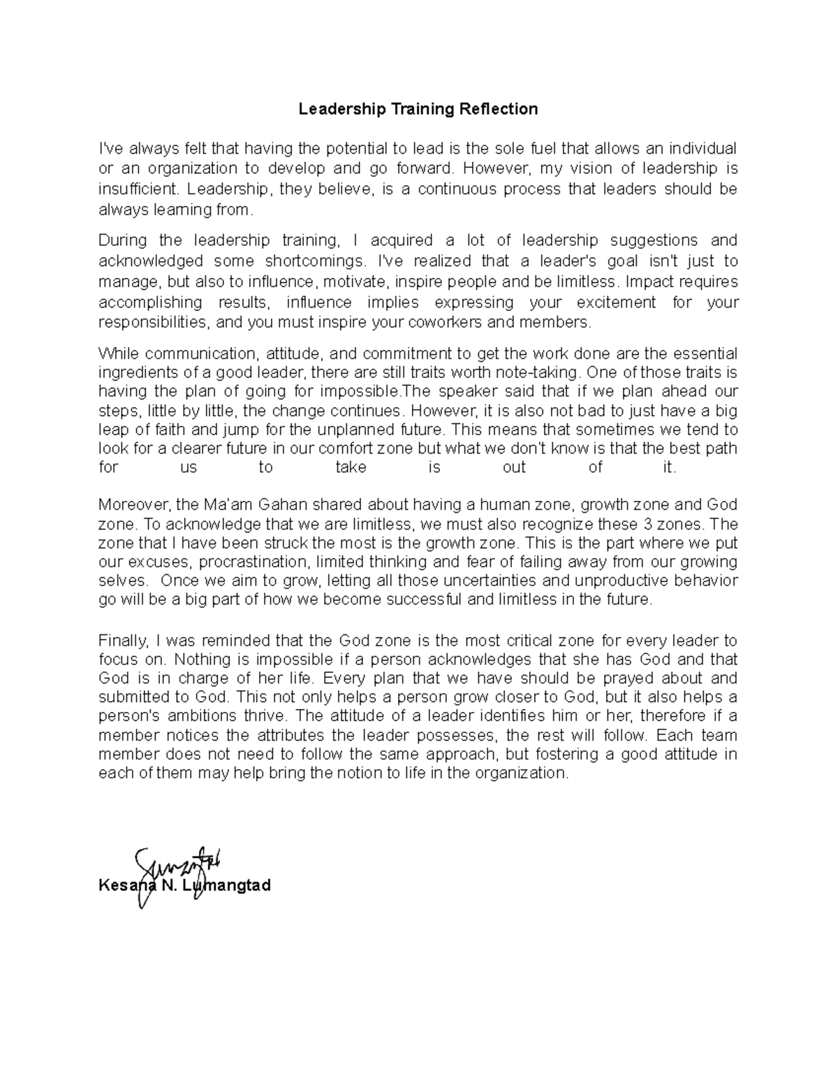 Leadership Training Reflection - Lumangtad - Leadership Training ...