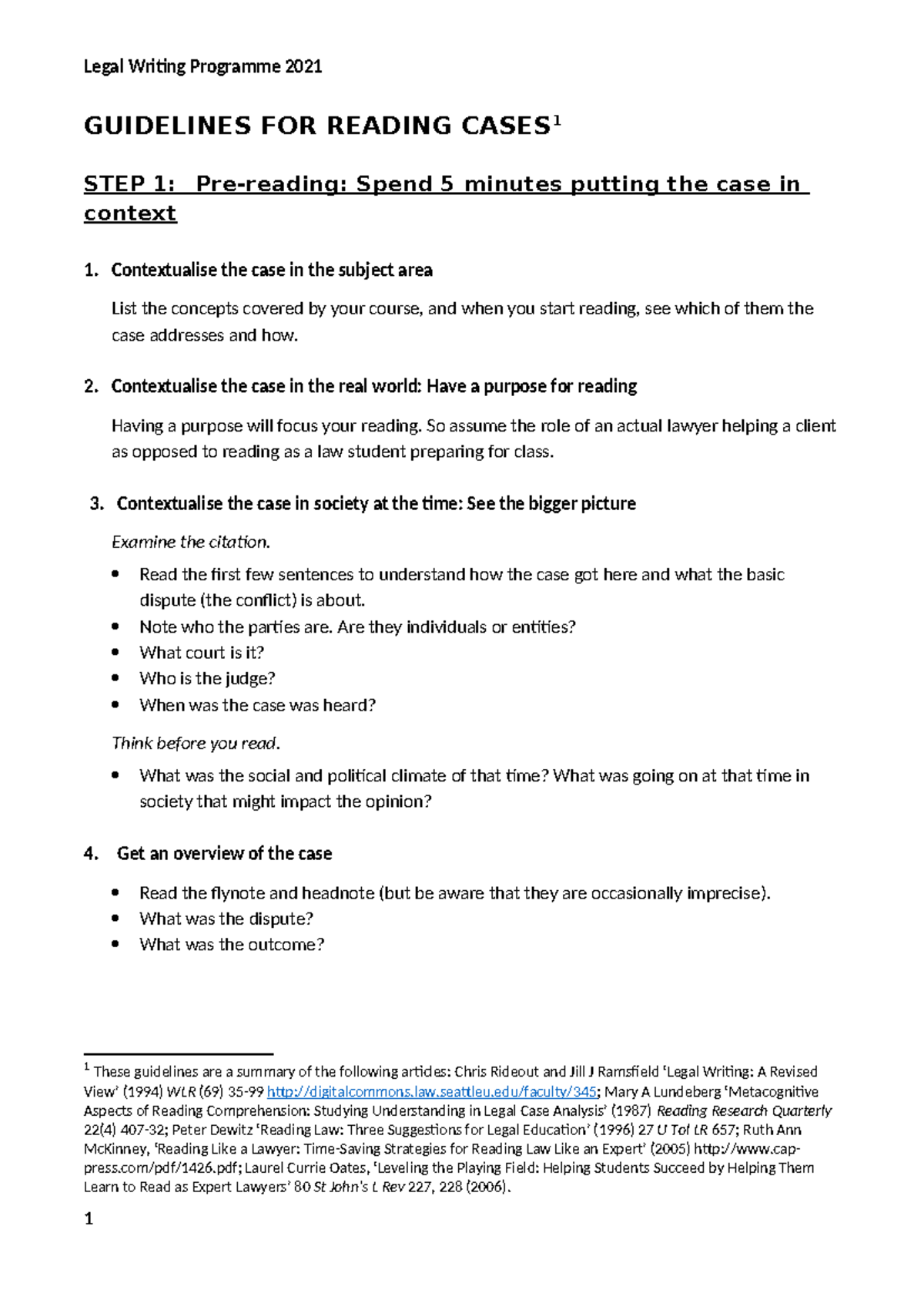 1.1 Guidelines for reading cases - GUIDELINES FOR READING CASES 1 STEP ...