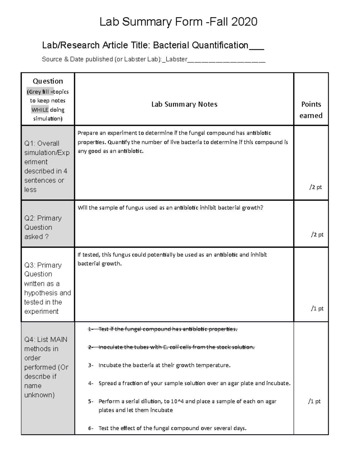 Bacterial quantification - Lab Summary Form -Fall 2020 Lab/Research ...