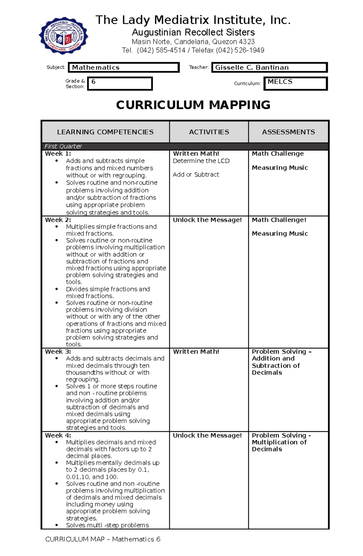Curriculum MAP MATH 6 - CURRICUMULM MAP - Augustinian Recollect Sisters ...