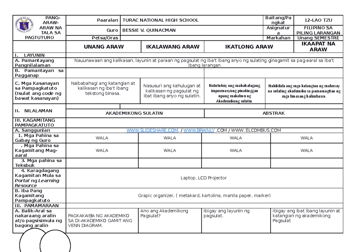DAILY LESSON LOG IN FILIPINO - PANG- ARAW- ARAW NA TALA SA PAGTUTURO ...