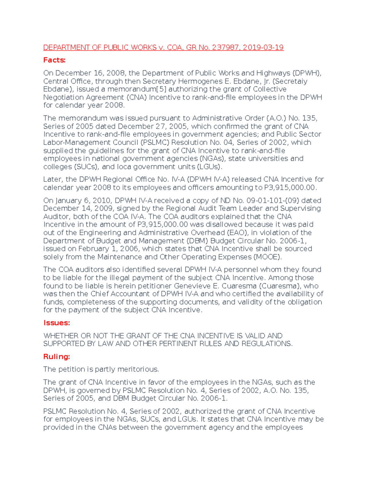 Department OF Public Works v. COA - DEPARTMENT OF PUBLIC WORKS v. COA ...