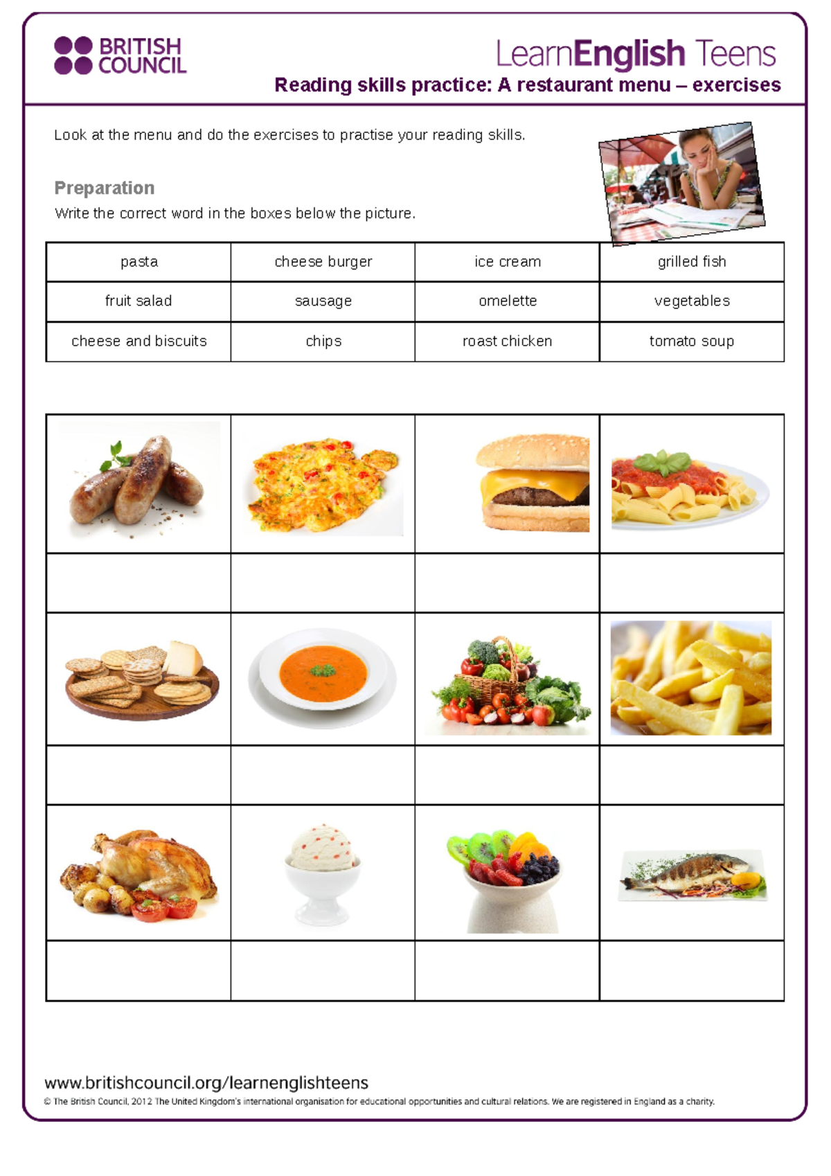A restaurant menu - exercises 2 - Reading skills practice: A restaurant ...