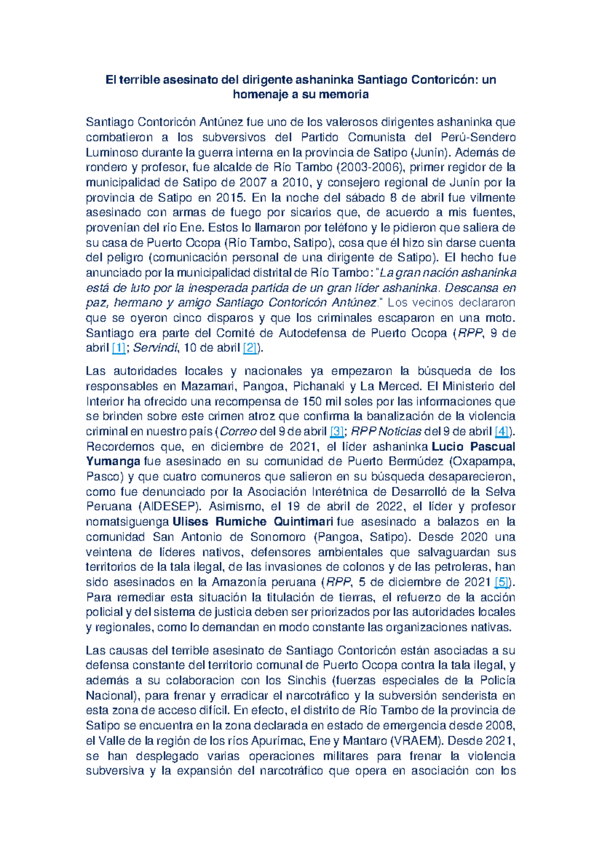 CASO TA2 - CASO EL TERRIBE ASESINATO DEL DIRIGENTE ASHANINKA SANTIAGO CONTORICÓN: UN HOMENAJE ...