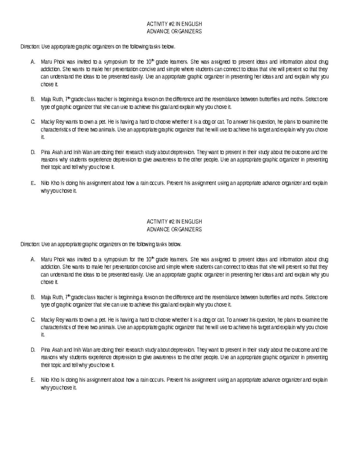 Activity Advance Organizer - ACTIVITY #2 IN ENGLISH ADVANCE ORGANIZERS ...