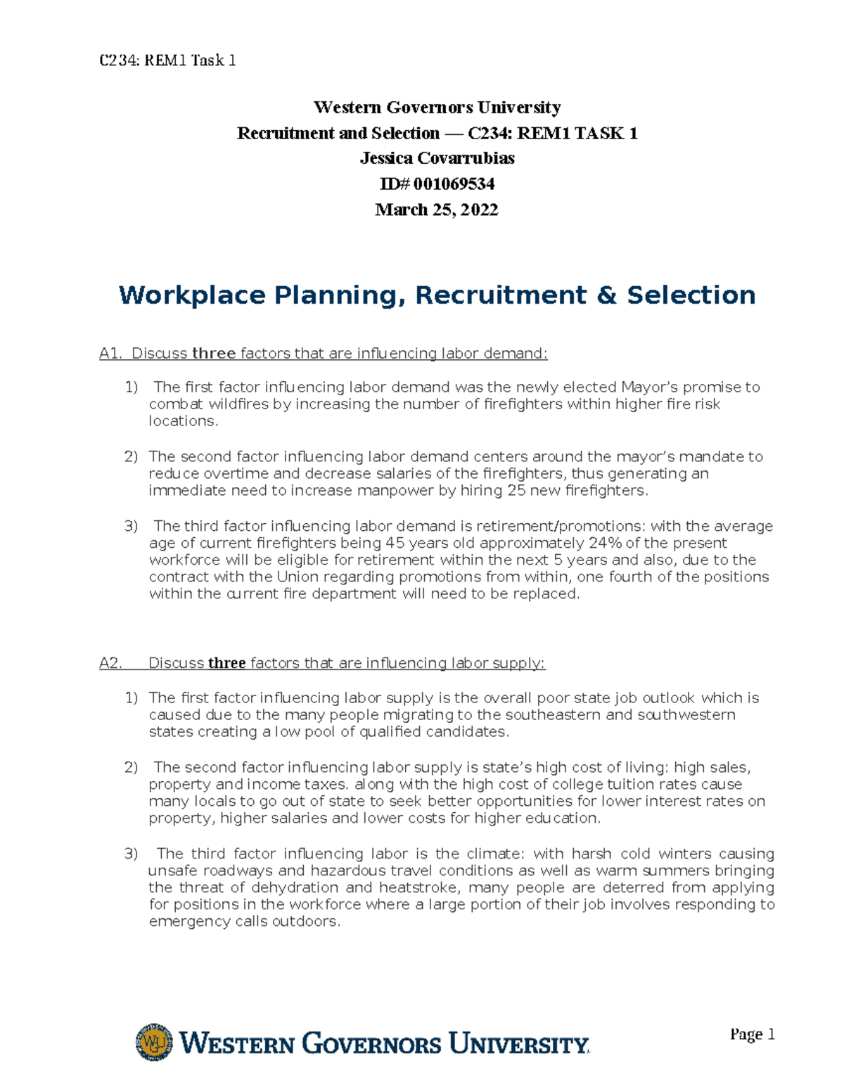 WGU C234 REM1 J.Covarrubias Task 1 - ####### C234: REM1 Task 1 Western ...