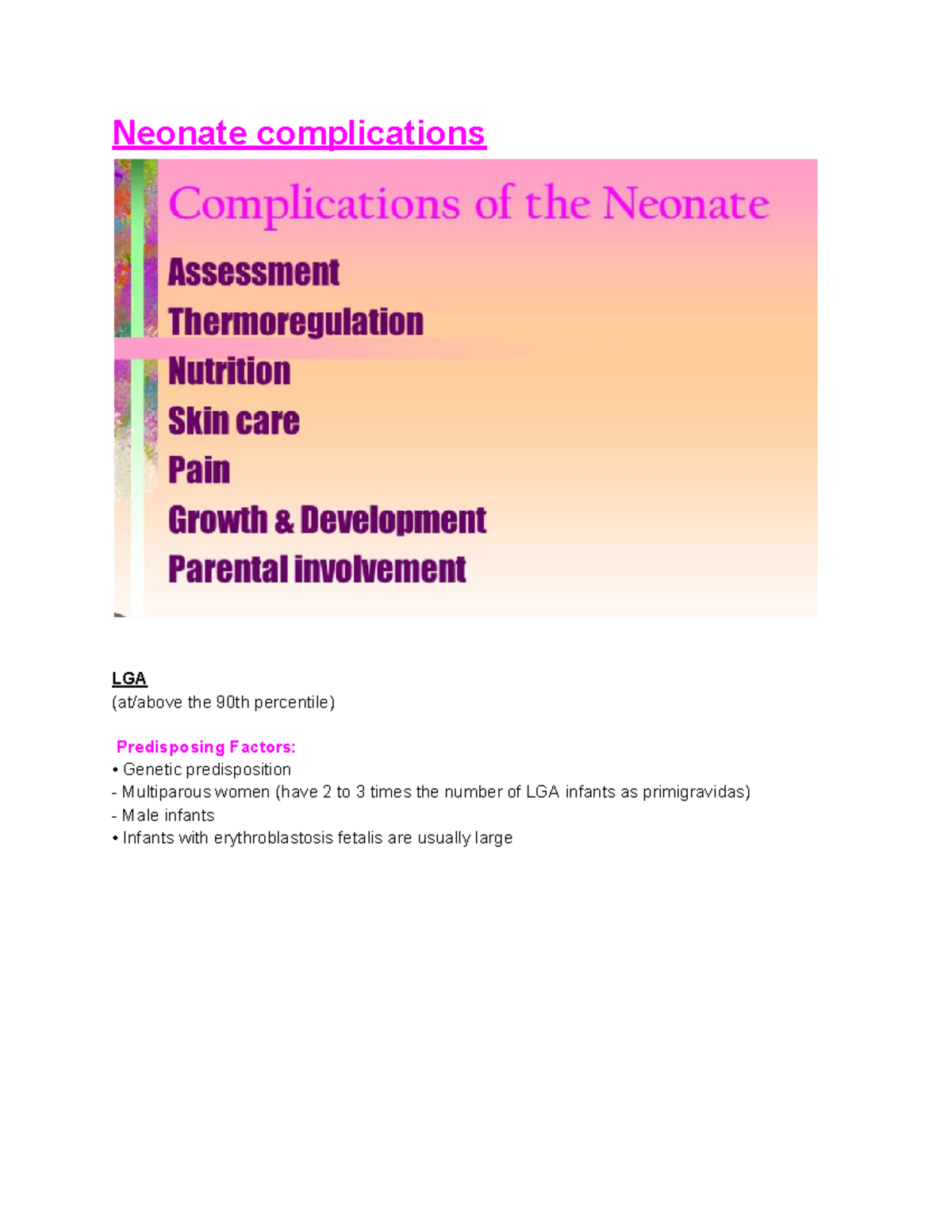 Neonatal complications - Neonate complications LGA (at/above the 90th ...