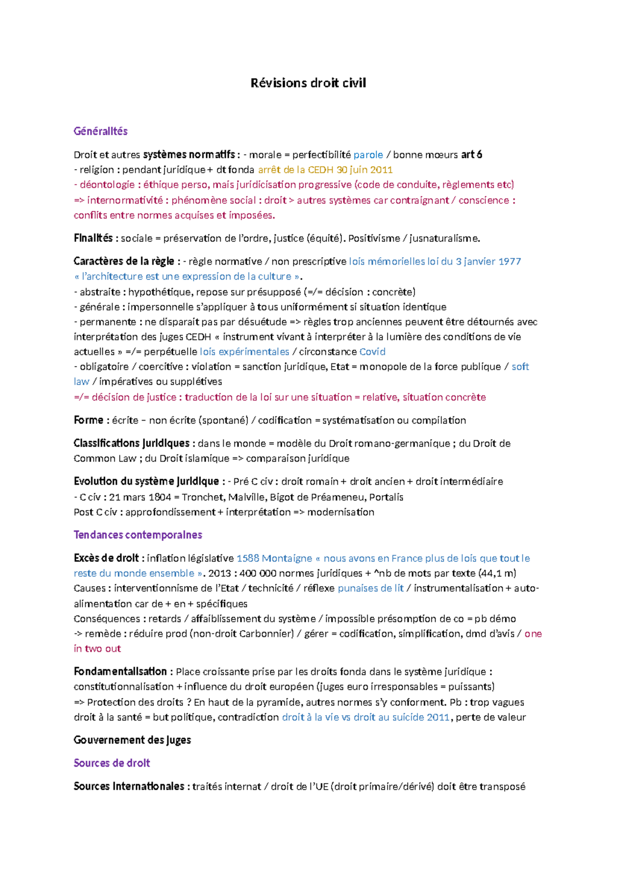 Fiche de révision intro au droit civil - Révisions droit civil Généralités Droit et autres ...