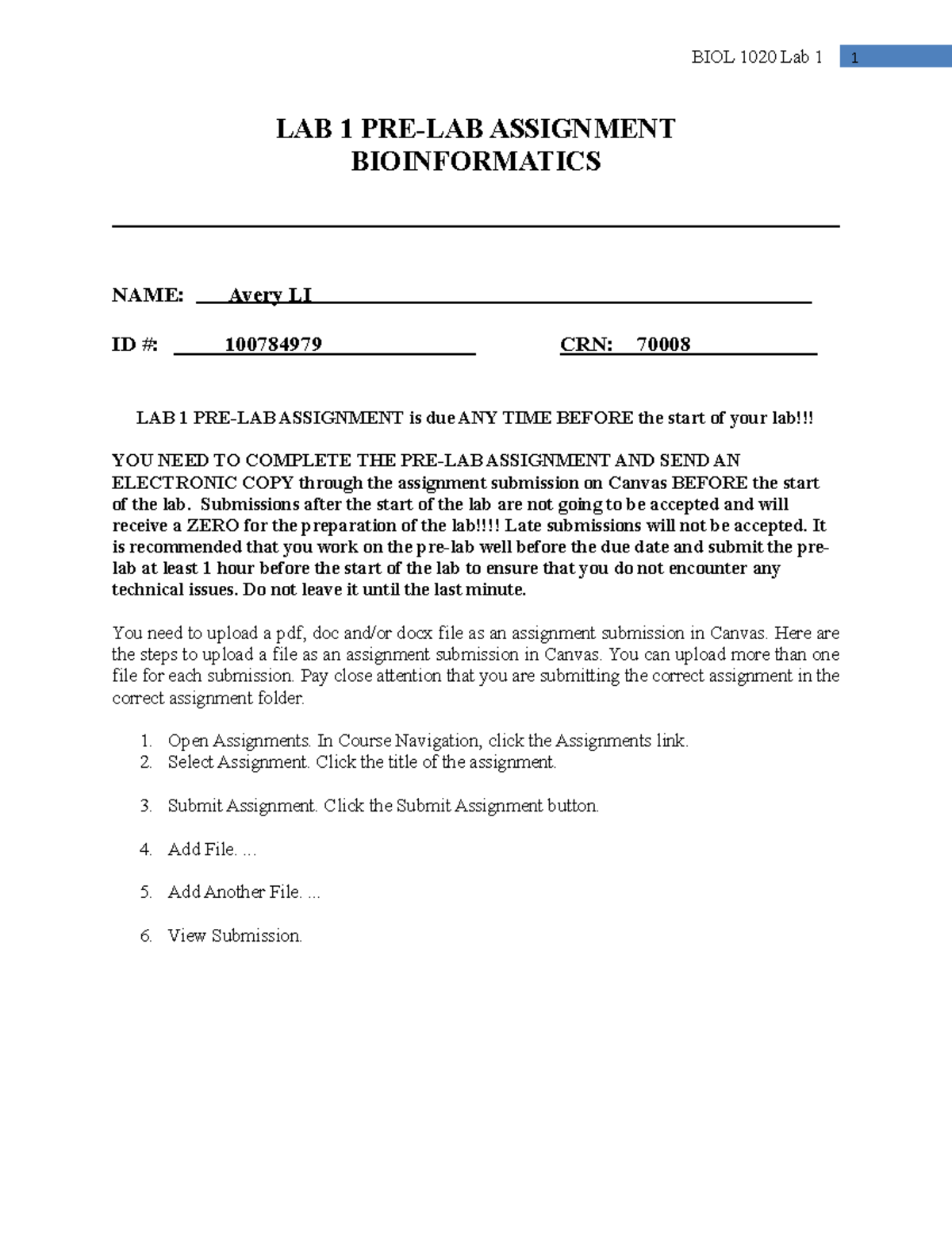 biology Lab 1 Pre-lab assignment Bioinformatics - BIOL 1020 Lab 1 1 LAB ...