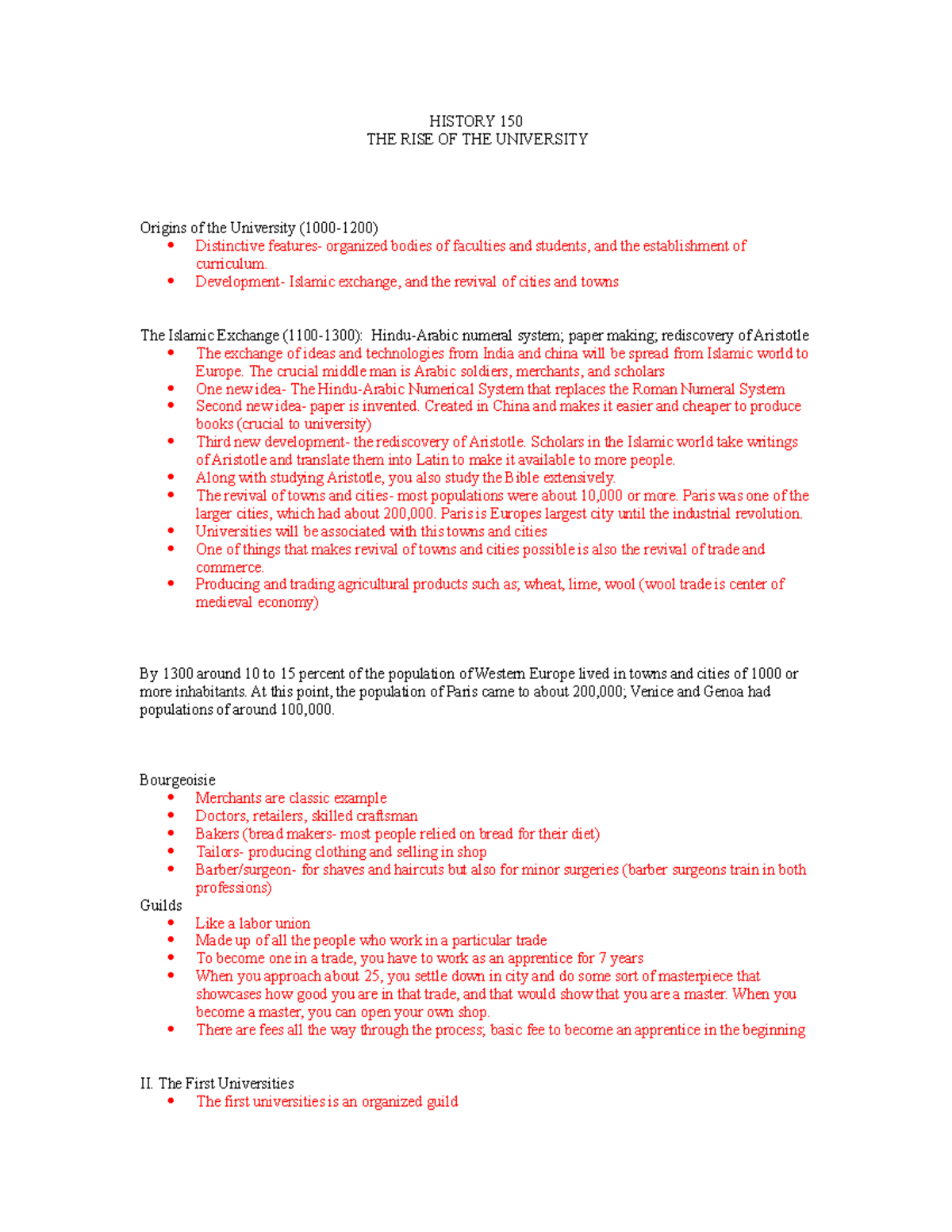 Hist 150 Exam 2 Outlines - HISTORY 150 THE RISE OF THE UNIVERSITY ...