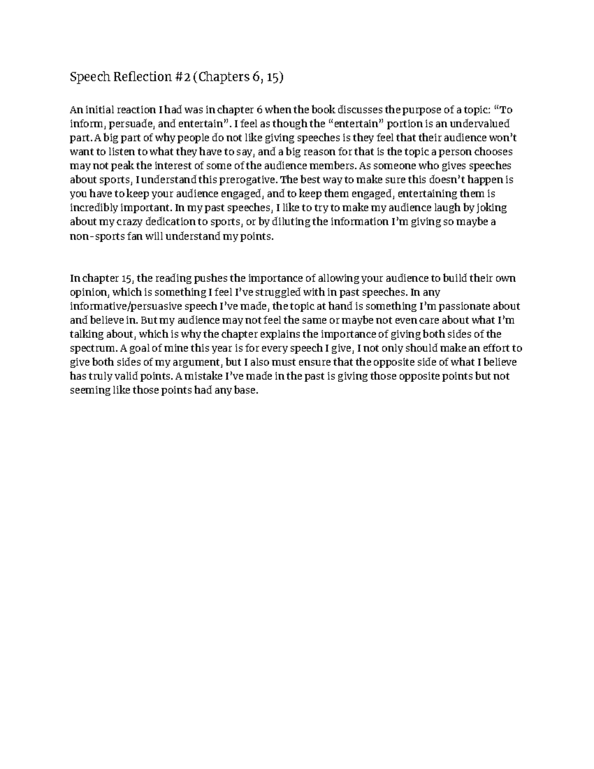 Speech Reflection #2 (Chapters 6, 15) - Speech Reflection #2 (Chapters ...