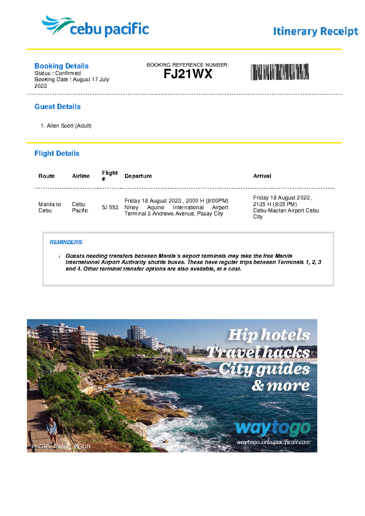 Itinerary PDF ORIG - This is for example - BOOKING REFERENCE NUMBER ...