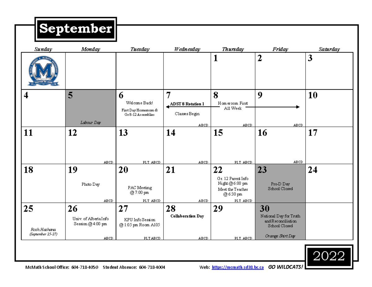 Mc Math Student Calendar 2022-23 - 2022 September Sunday Monday Tuesday ...