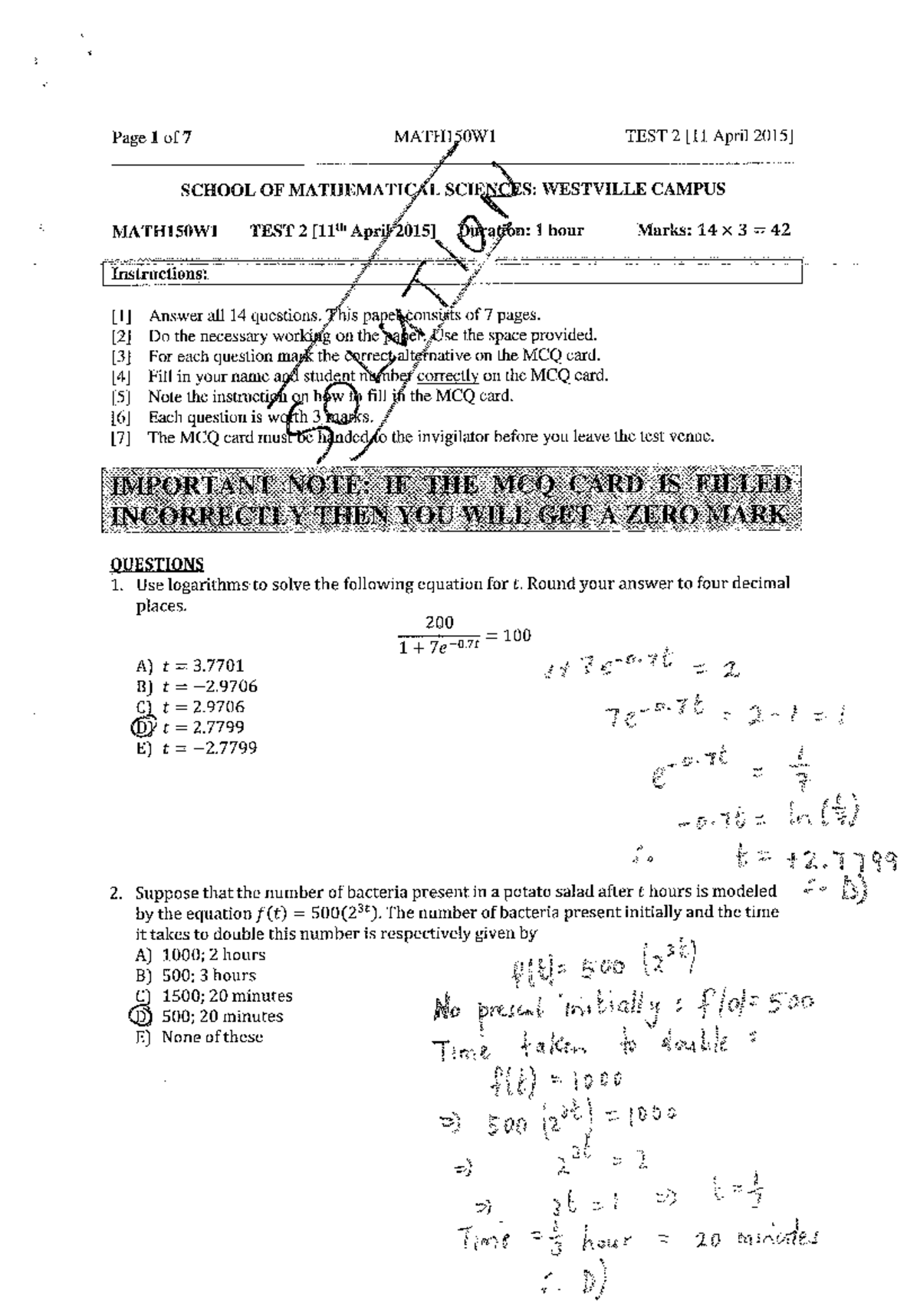 Test 2 September 2015, questions and answers - MATH150 - Studocu
