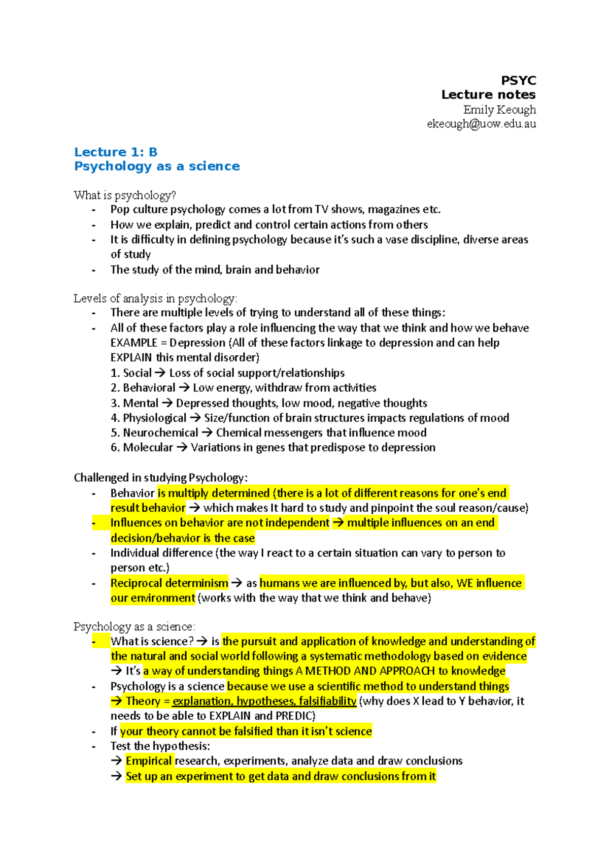 PSYC101 Lecture notes - PSYC Lecture notes Emily Keough ekeough@uow.edu ...