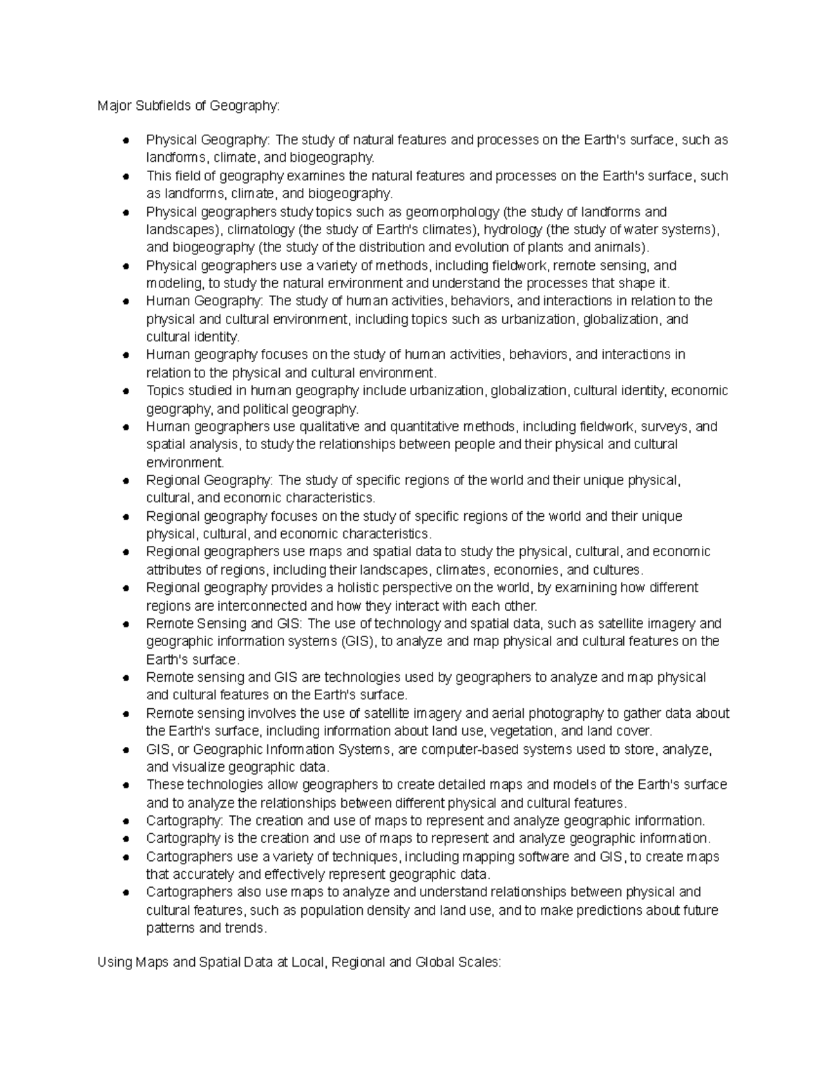 Intro to Geography Notes - Major Subfields of Geography: Physical ...