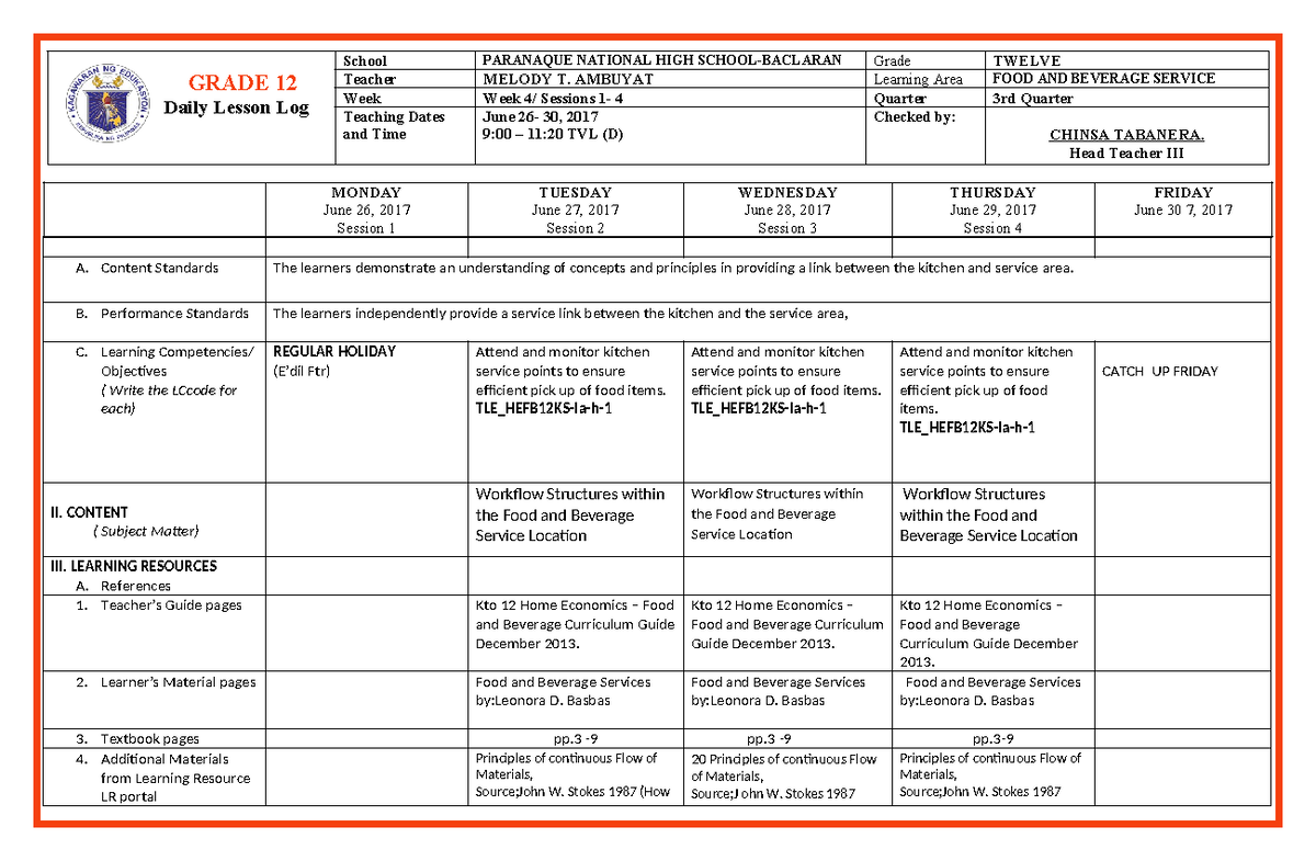 Q1-week-4 DLL FOOD & Beverage SER - GRADE 12 Daily Lesson Log School ...