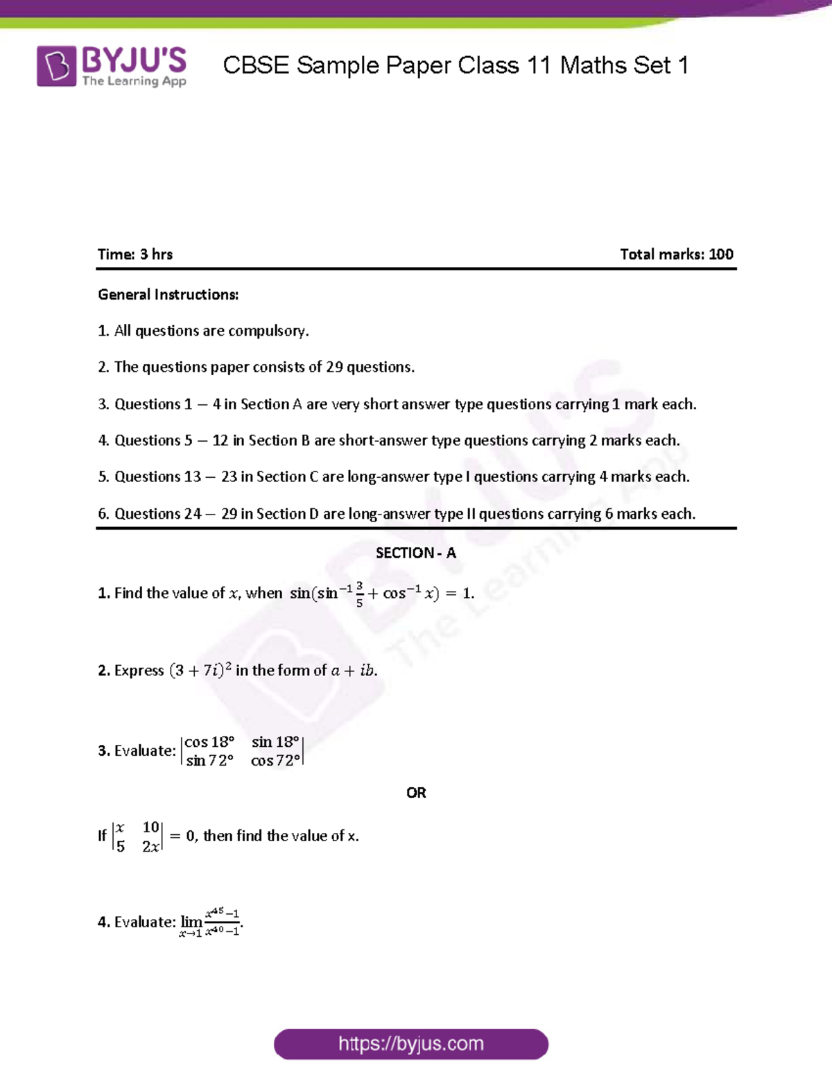 CBSE Sample Paper Class 11 Maths Set 1 - Time: 3 hrs Total marks: 100 ...