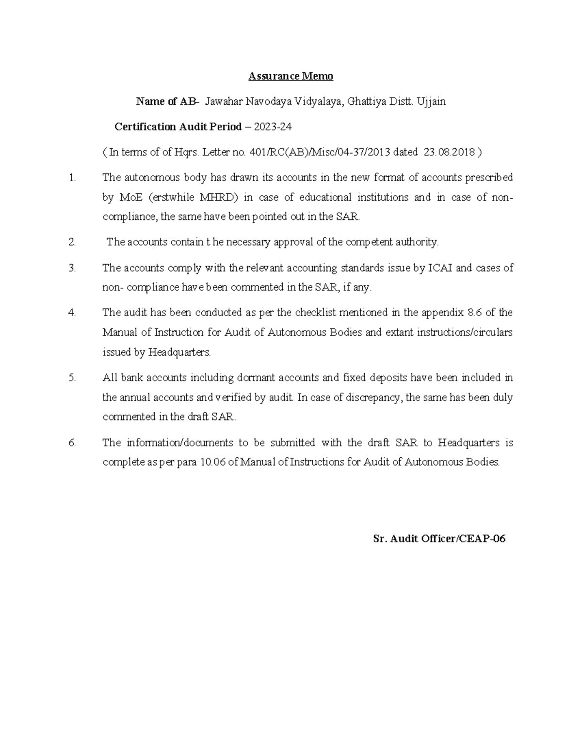 Assurance memo revised - Assurance Memo Name of AB- Jawahar Navodaya ...