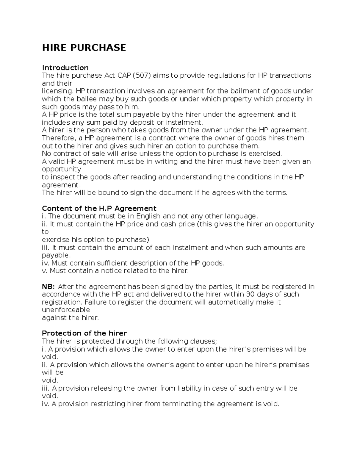 HIRE Purchase and Property LAW - HIRE PURCHASE Introduction The hire ...