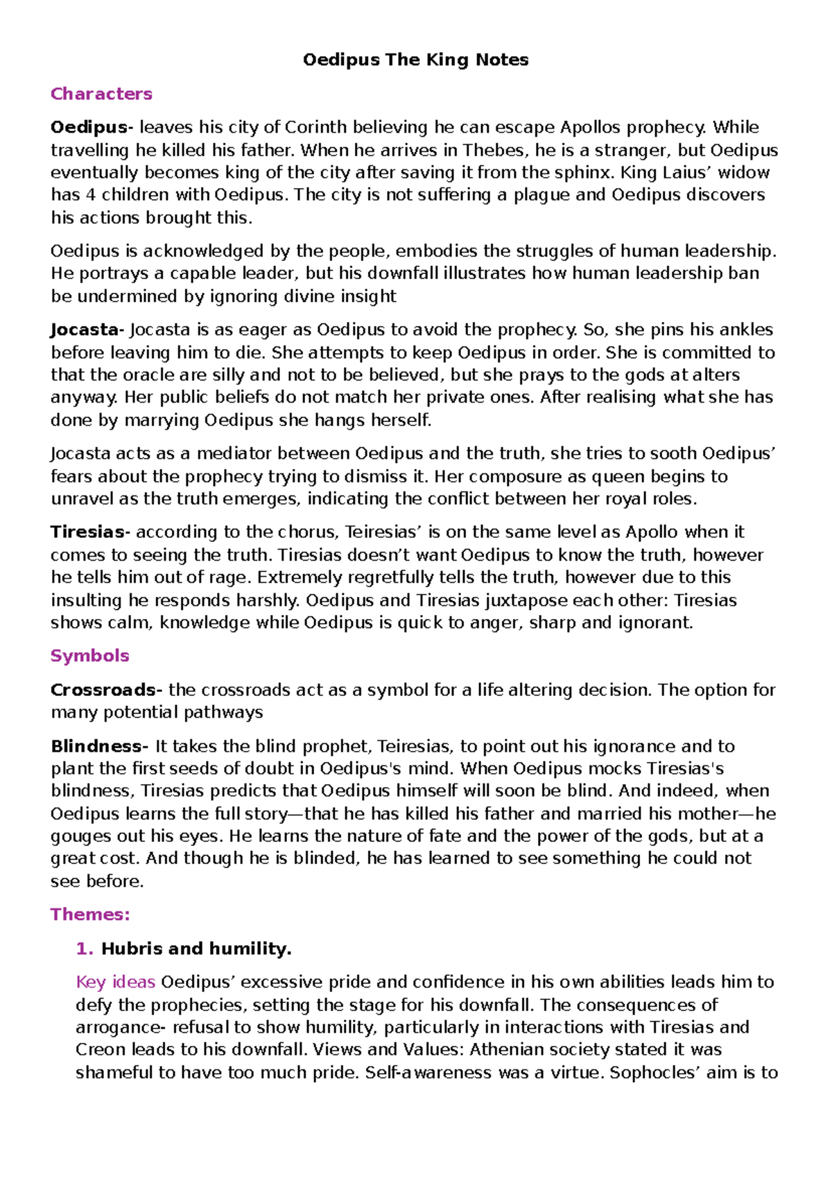 Oedipus The King Notes - wdewdedw - Oedipus The King Notes Characters ...