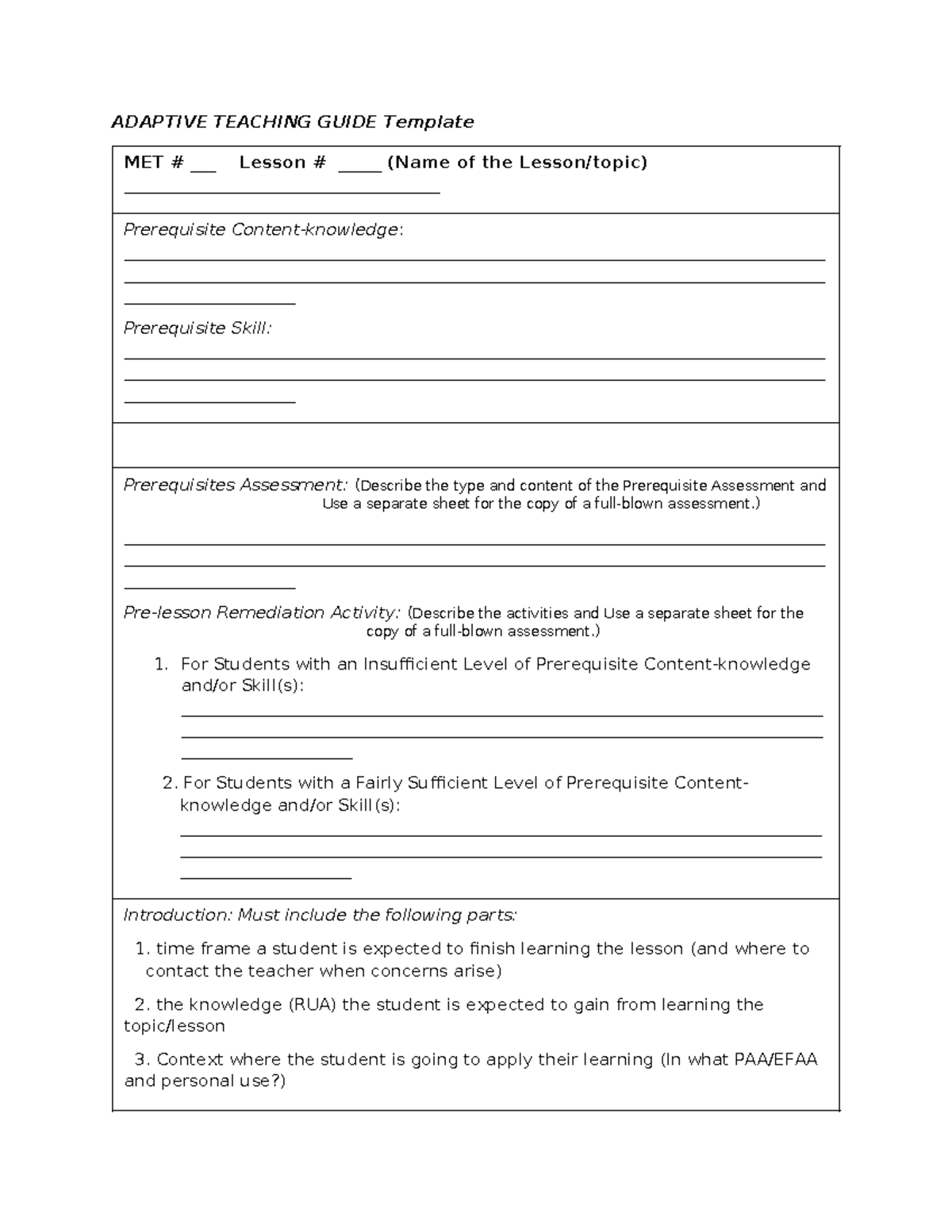 Adaptive Teaching Guide Template - ADAPTIVE TEACHING GUIDE Template MET ...