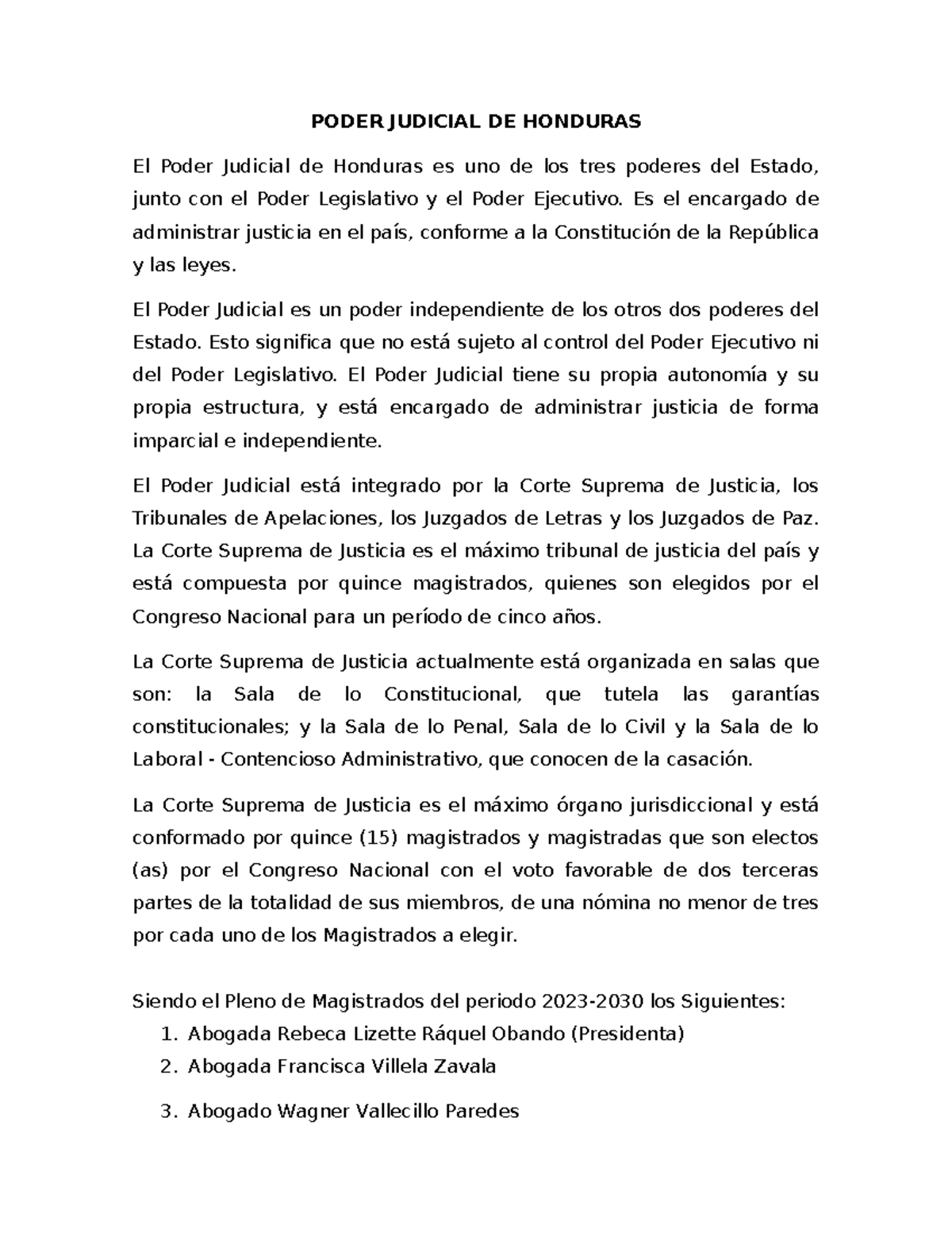 Resumen Poder Judicial DE Honduras - PODER JUDICIAL DE HONDURAS El ...