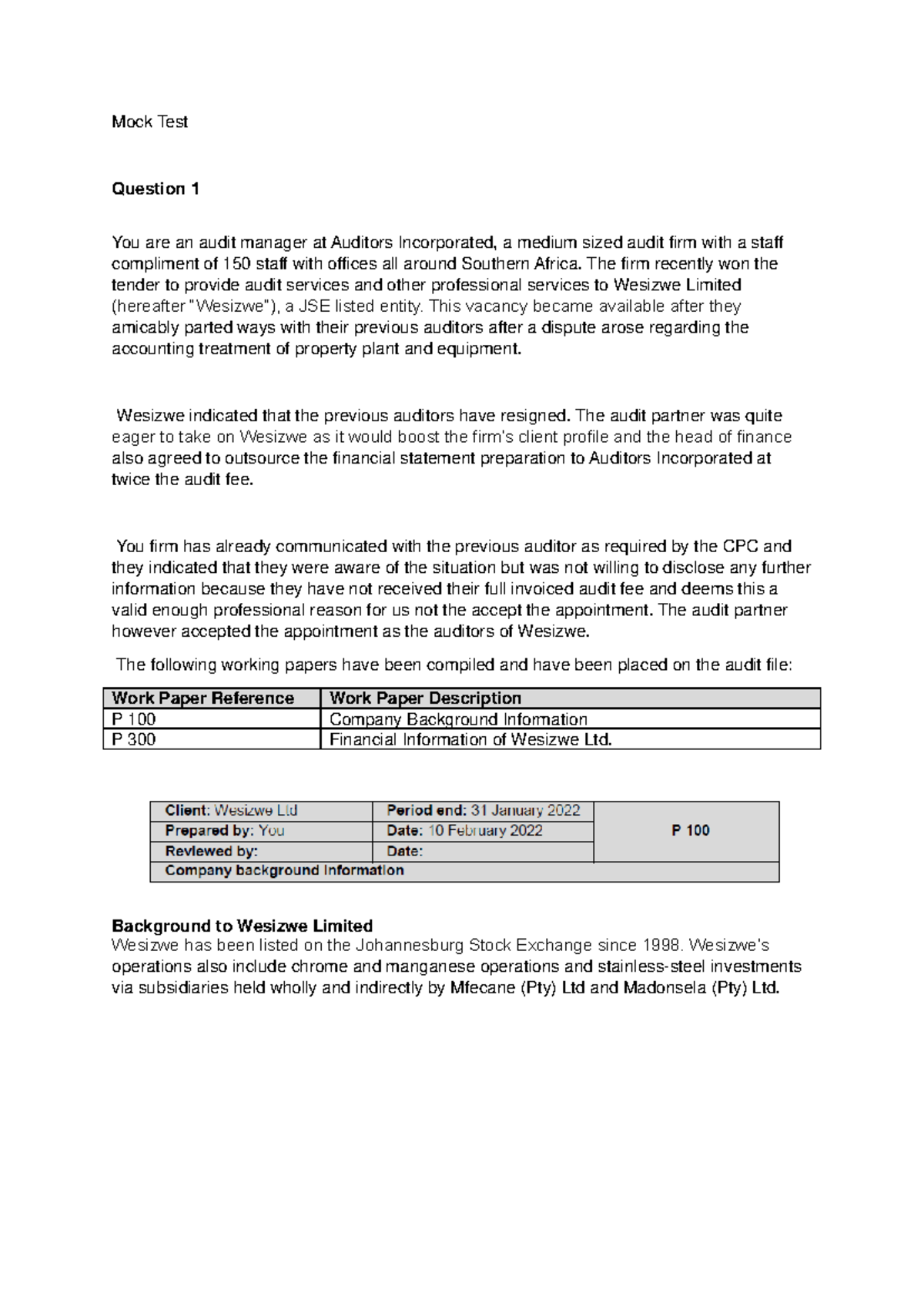 Mock Test - practice auditing - Mock Test Question 1 You are an audit ...