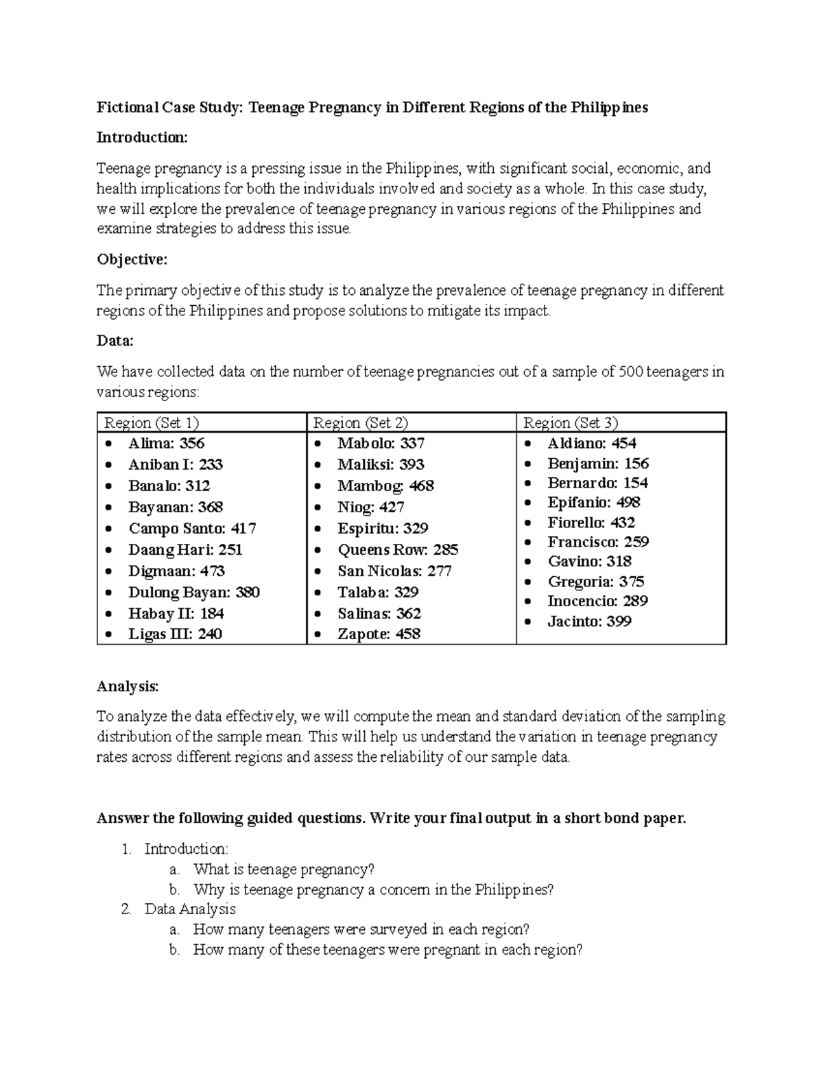 Sampling AND Sampling Distribution PBL - Fictional Case Study: Teenage ...