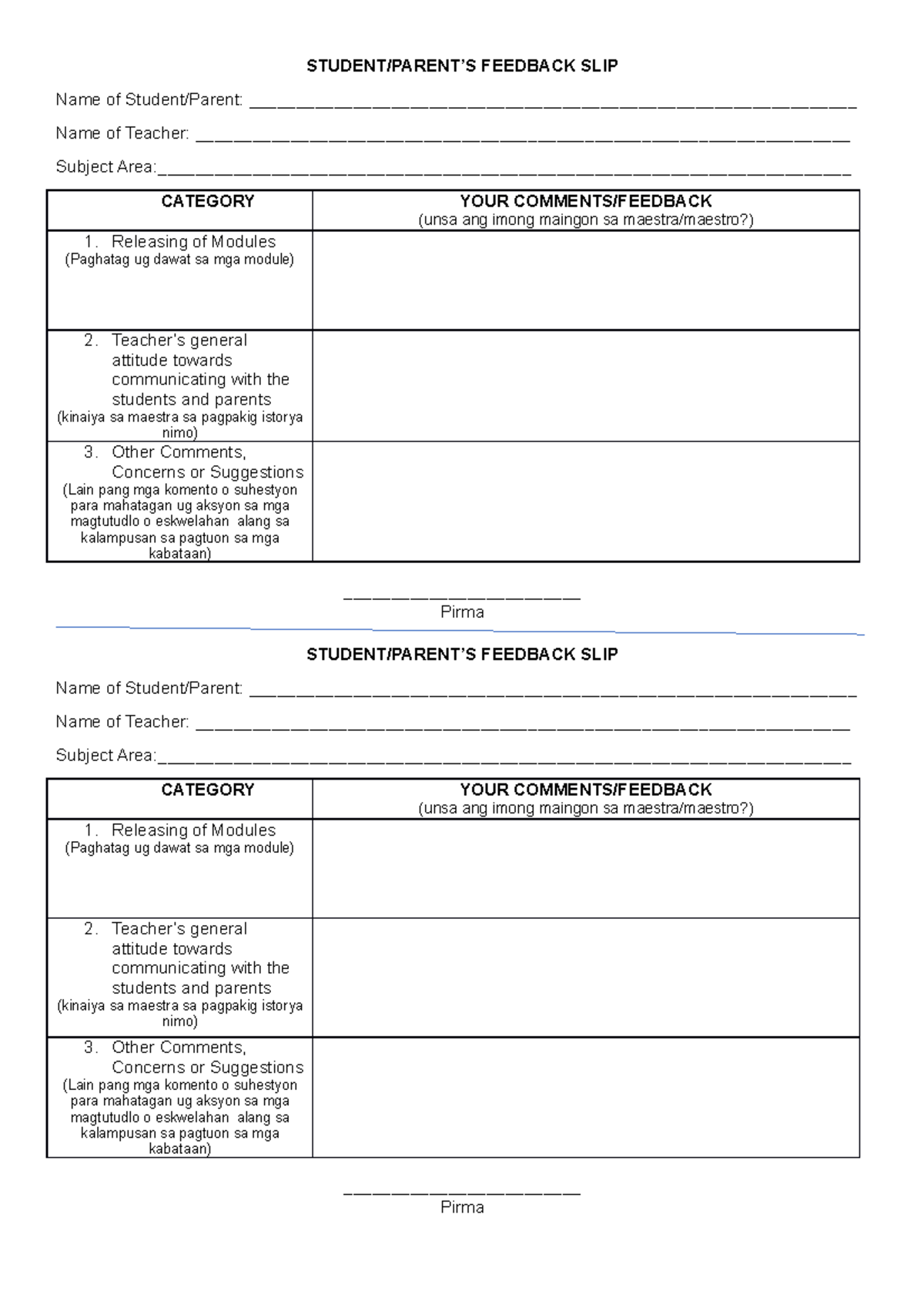 Student's Feedback (Objective 17) - STUDENT/PARENT’S FEEDBACK SLIP Name ...