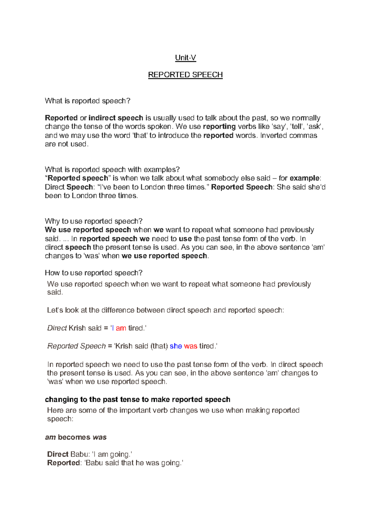 Unit-V Reported Speech - Unit-V REPORTED SPEECH What is reported speech ...