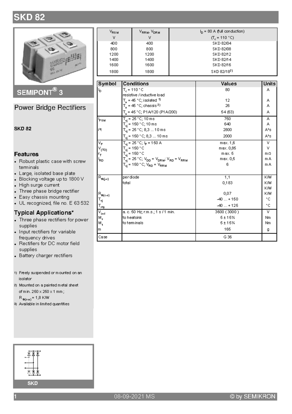 Semikron Data Sheet SKD 82 07913100 - SEMIPONT ® 3 Power Bridge ...