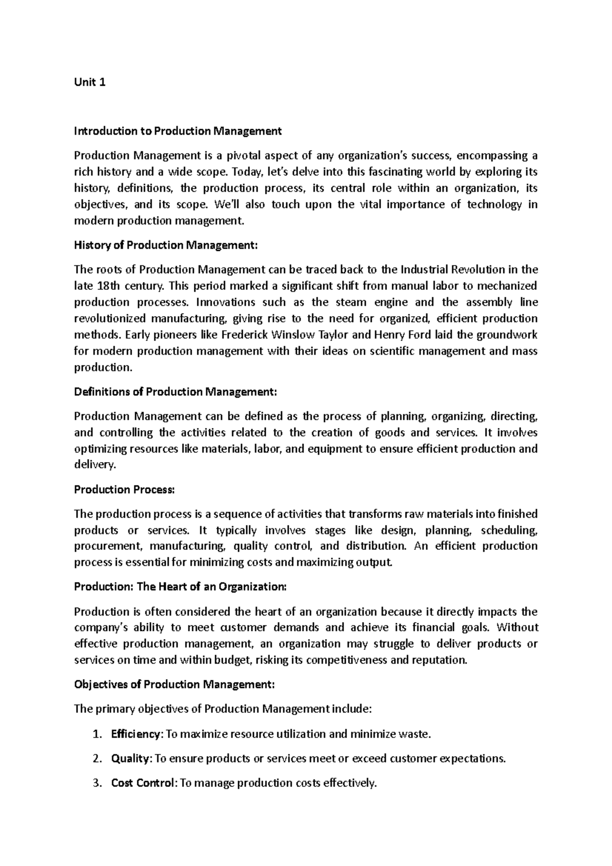 Short Notes Production Management - Unit 1 Introduction to Production ...