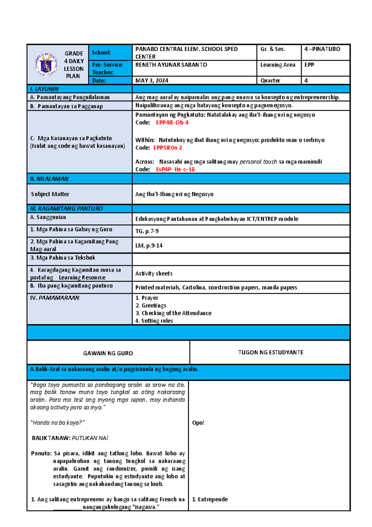EPP LP - Finalisssm - GRADE 4 DAILY LESSON PLAN School: PANABO CENTRAL ...