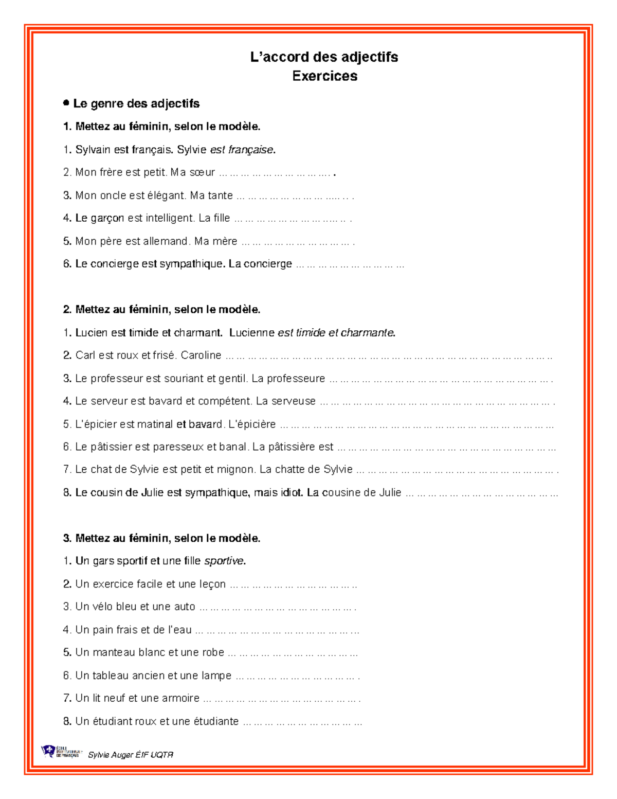 Le genre et le pluriel des adjectifs - L’accord des adjectifs Exercices ...