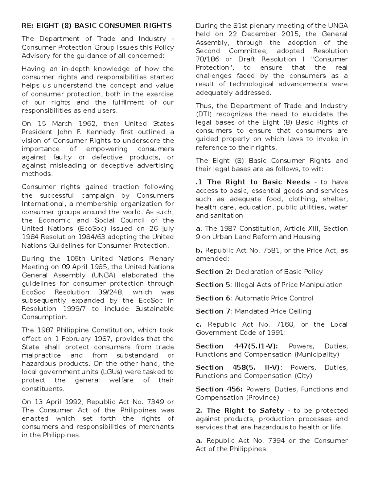 Eight (8) Basic Consumer Rights - RE: EIGHT (8) BASIC CONSUMER RIGHTS ...