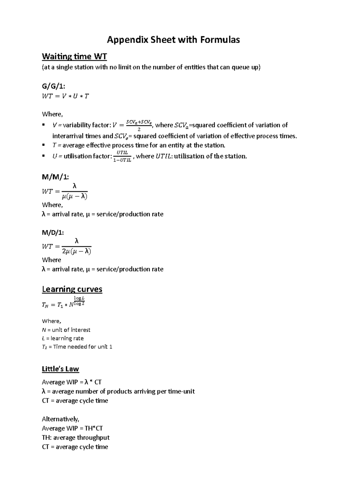 Formulasheet - sas - Appendix Sheet with Formulas Waiting time WT (at a single station with no ...