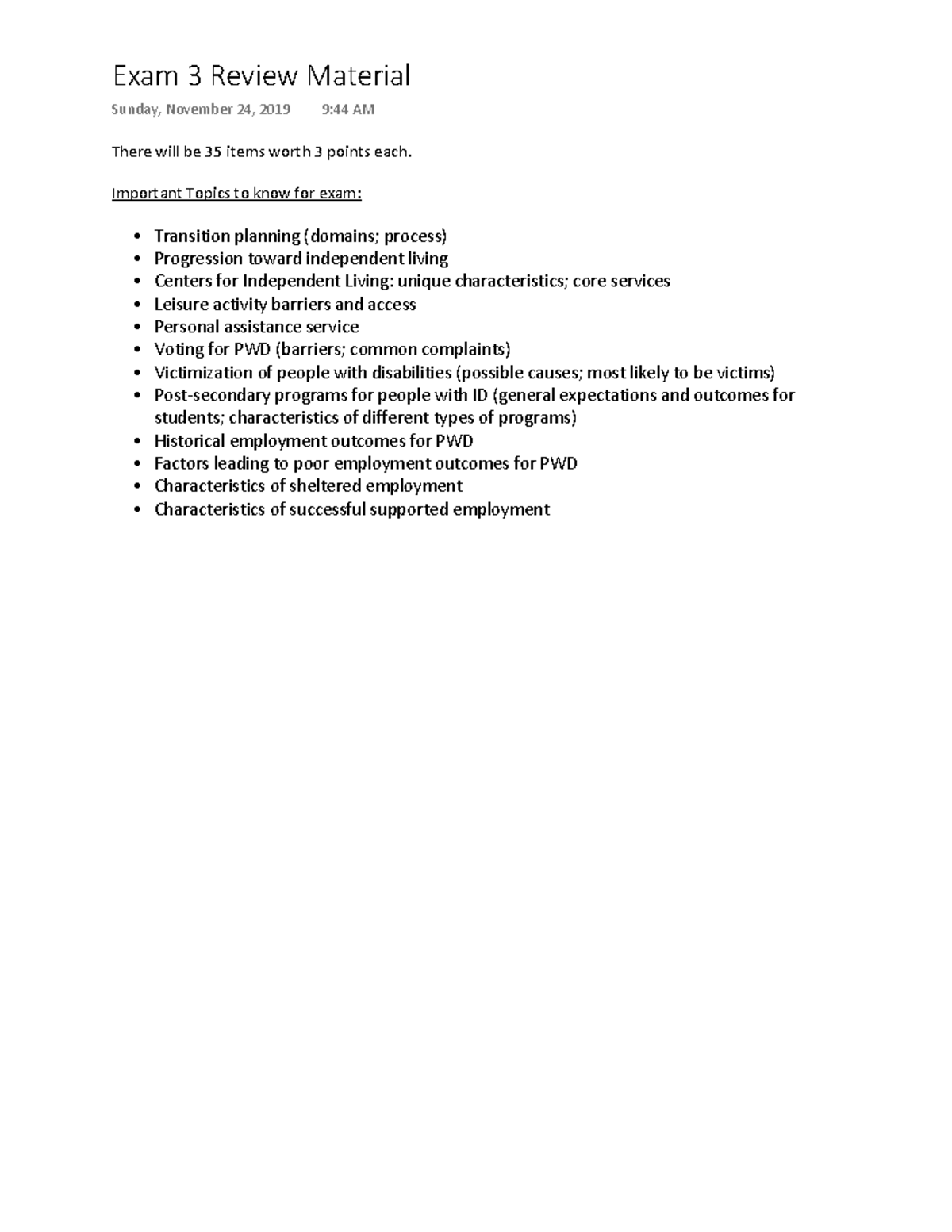 Exam 3 SG - Transition planning (domains; process) Progression toward ...