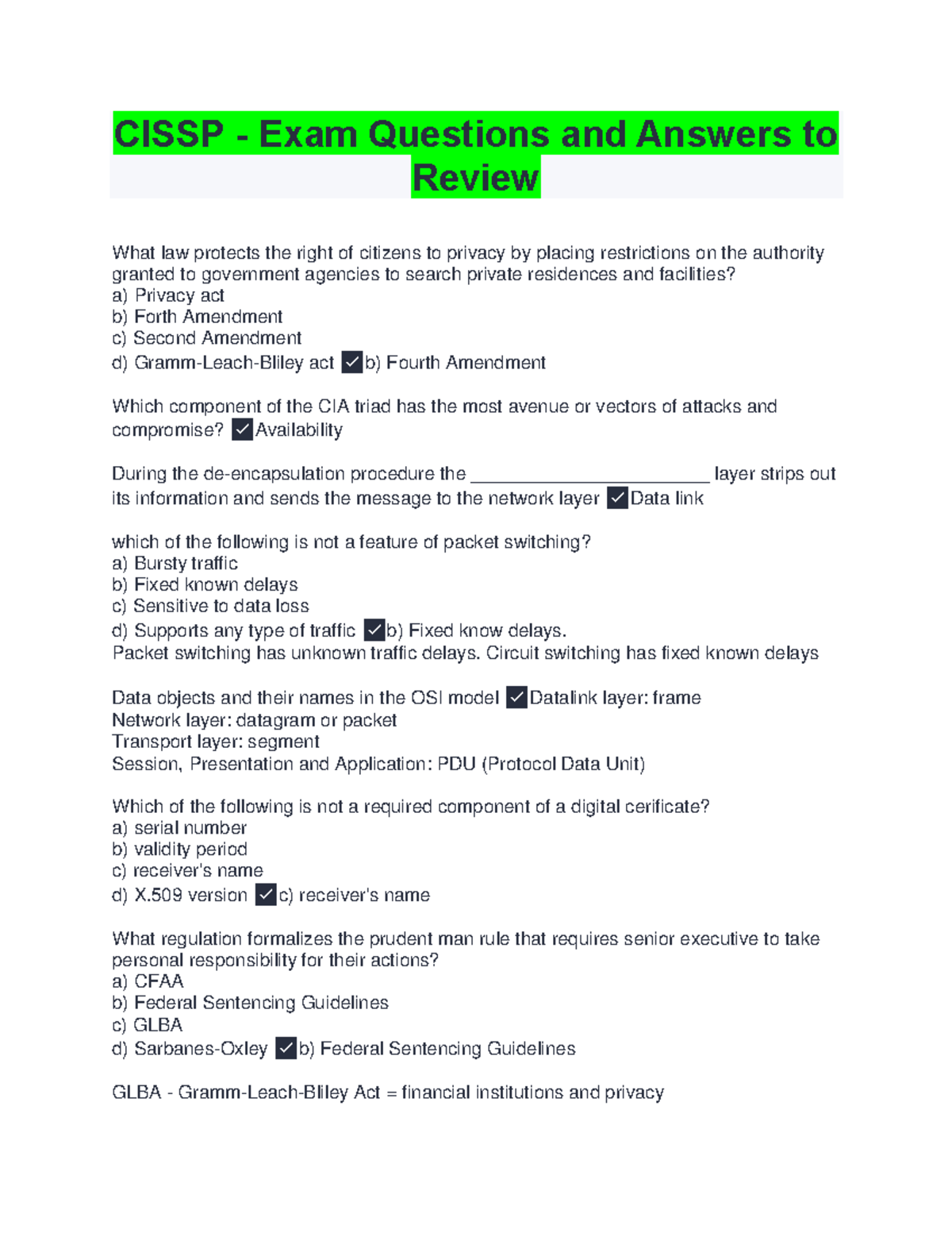 Cissp - Exam Questions and Answers to Review - CISSP - Exam Questions and Answers to Review What ...