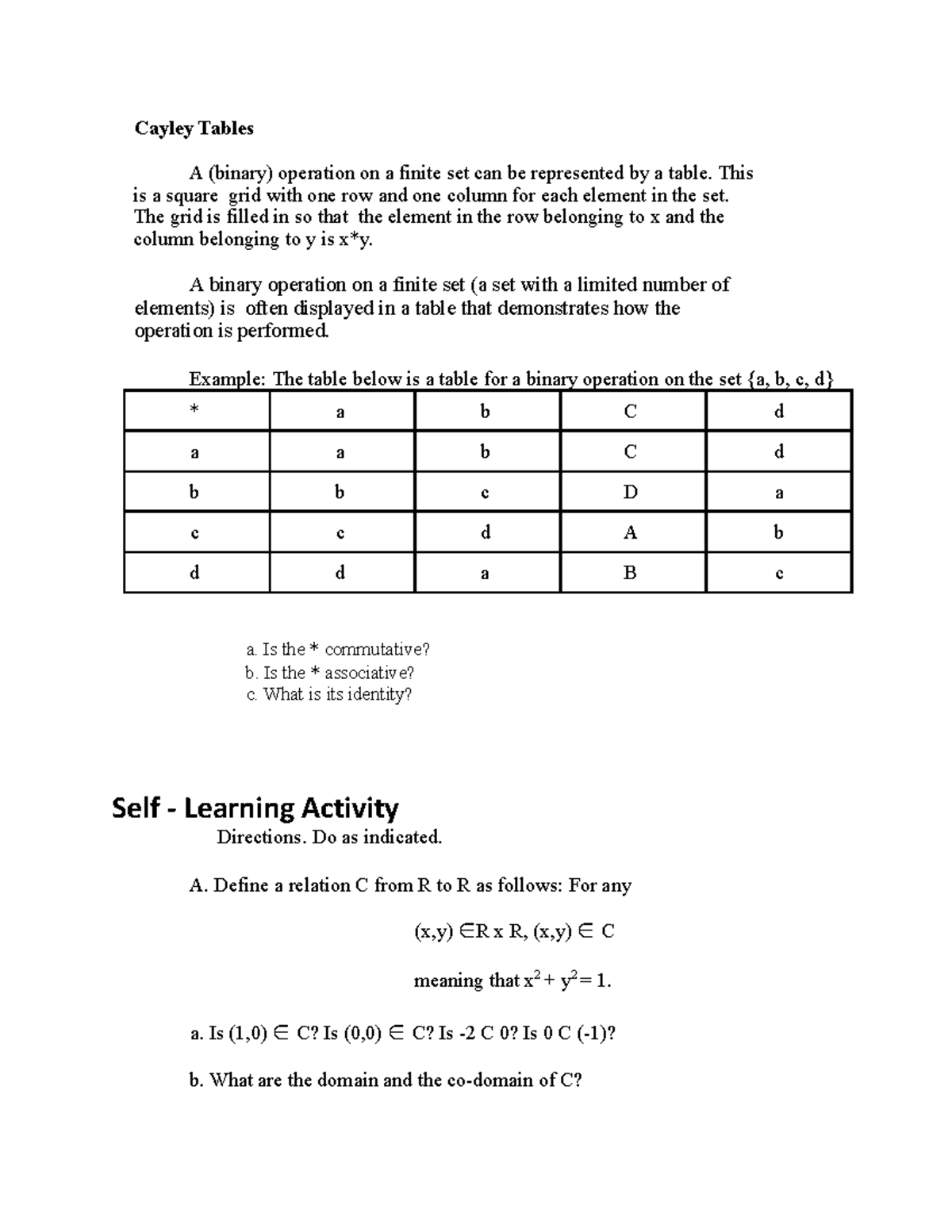 Cayley Tables - A (binary) operation on a finite set can be represented by a table. This is ...