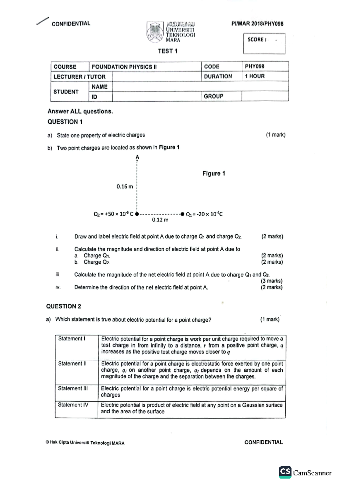 TEST PHY098 - 2018 - please answer, it helps - Foundation Physics II ...
