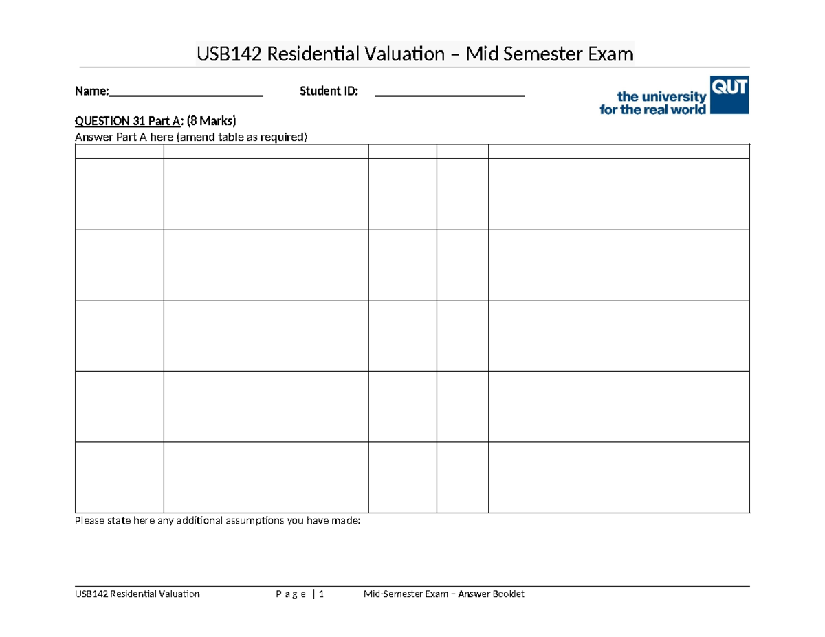 A1 MSE Q31 Answer booklet - USB142 Residential Valuation – Mid Semester ...