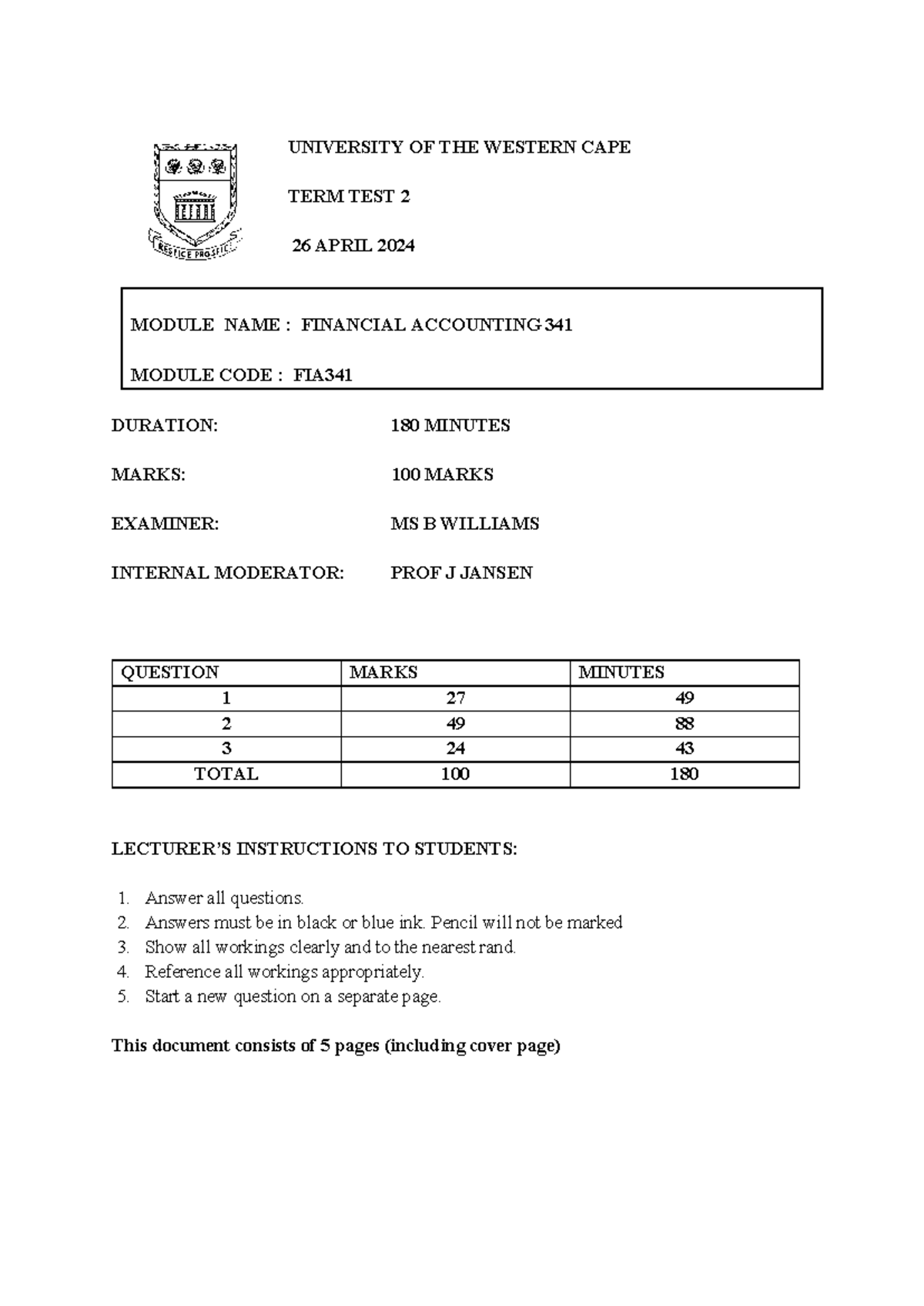 2024FIA341 Term test 2 - UNIVERSITY OF THE WESTERN CAPE TERM TEST 2 26 ...