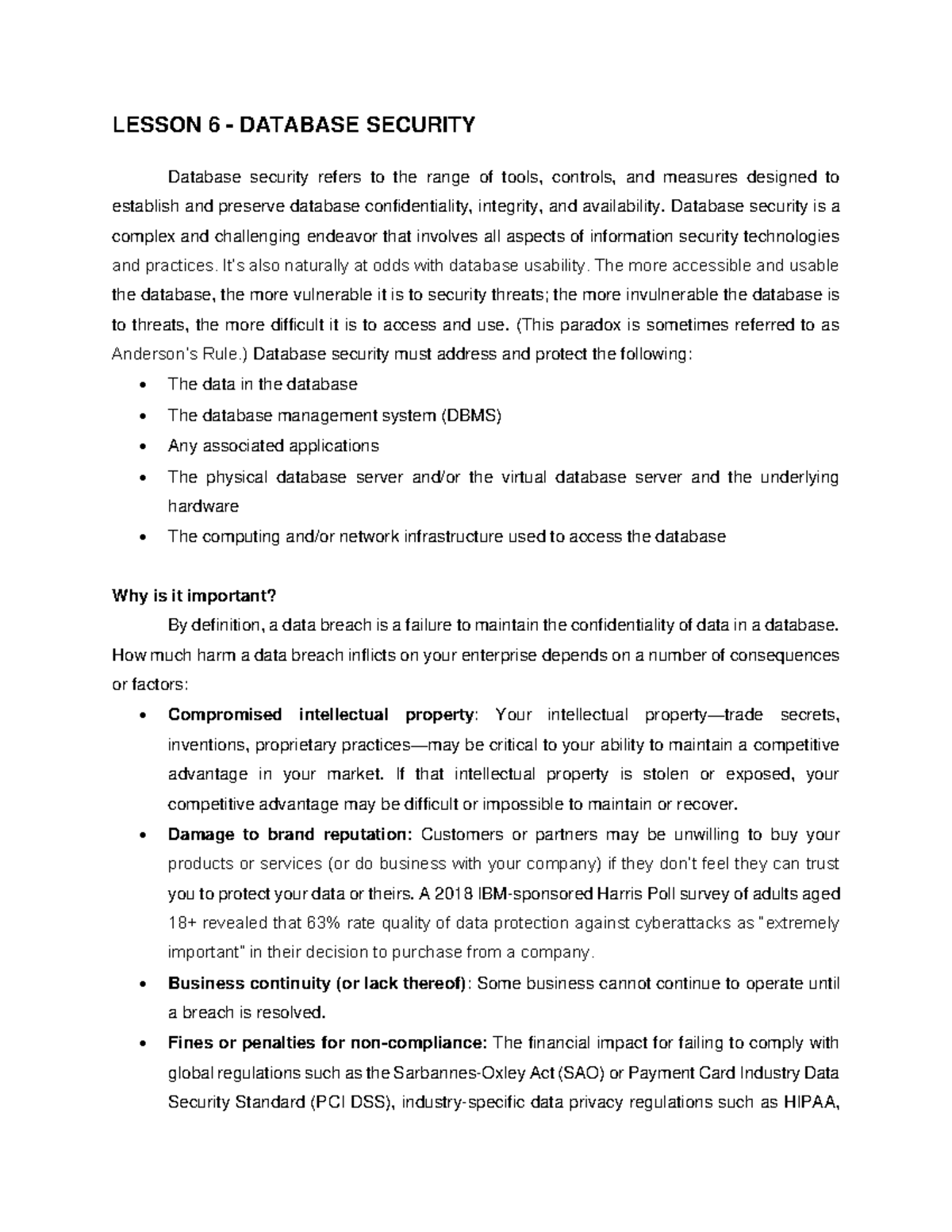 Lesson 6 - Database Security - LESSON 6 - DATABASE SECURITY Database security refers to the ...