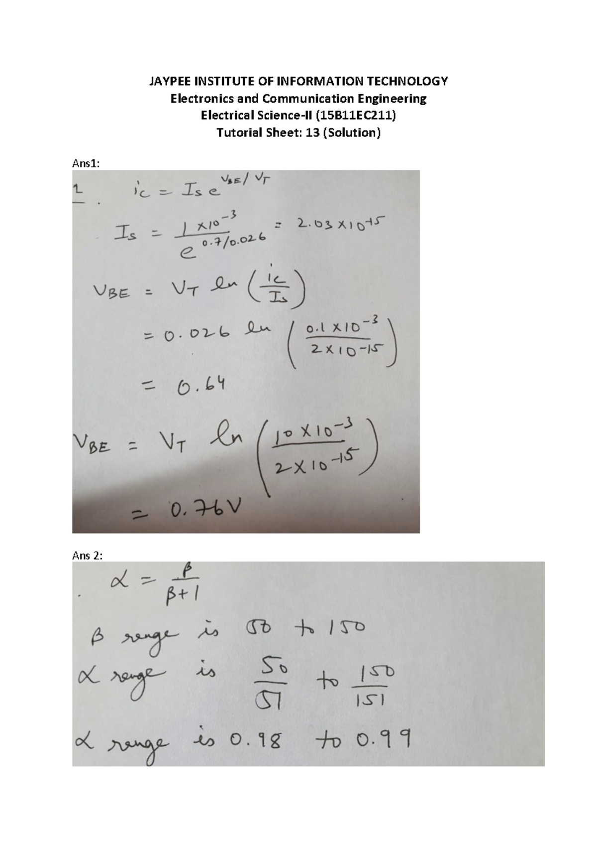 TUT 13 SOL - practice it - electrical science 2 - JAYPEE INSTITUTE OF INFORMATION TECHNOLOGY ...