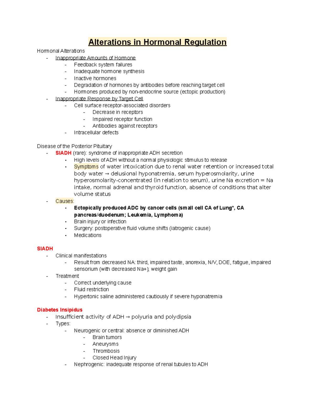 Pathophysiology Final EXAM Notes - Alterations in Hormonal Regulation ...